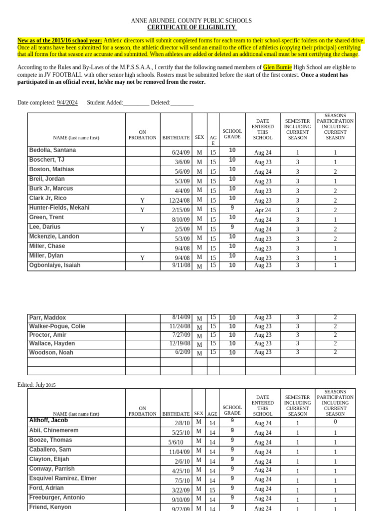 24-25 GB JV Football Certificate of Eligibility Form | PDF | Schools