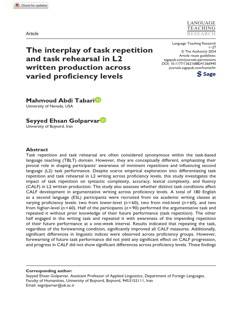 The Interplay of Task Repetition and Task Rehearsal in L2 Written Production Across Varied ...