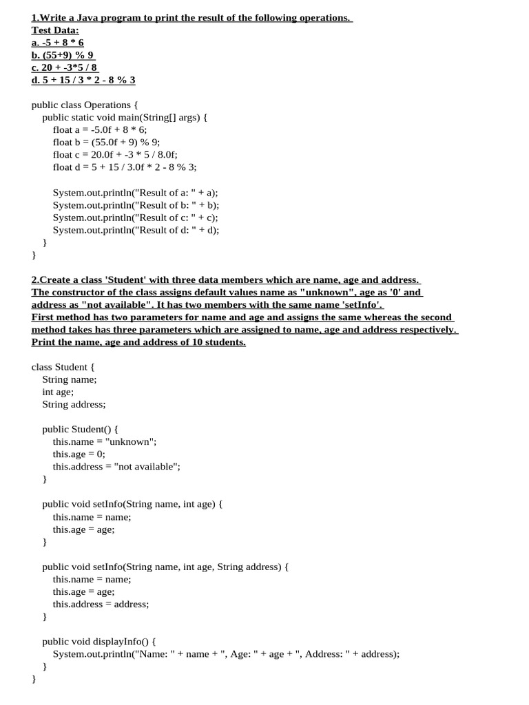 Java Operations and Student Class Example | PDF