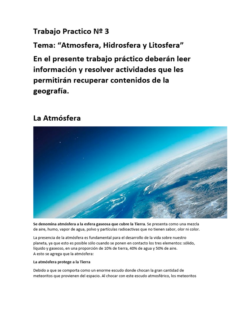 Trabajo Practico N°3 Atmosfera, Hidrosfera y Litosfera | PDF ...
