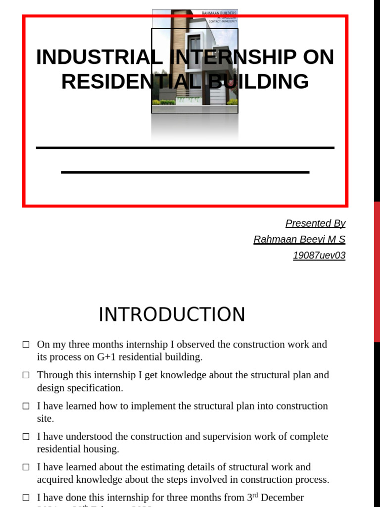 Industrial Internship On Residential Building | PDF | Concrete | Brick