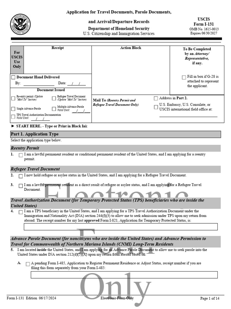 Application I 131 | PDF | Society Of The United States | Immigration