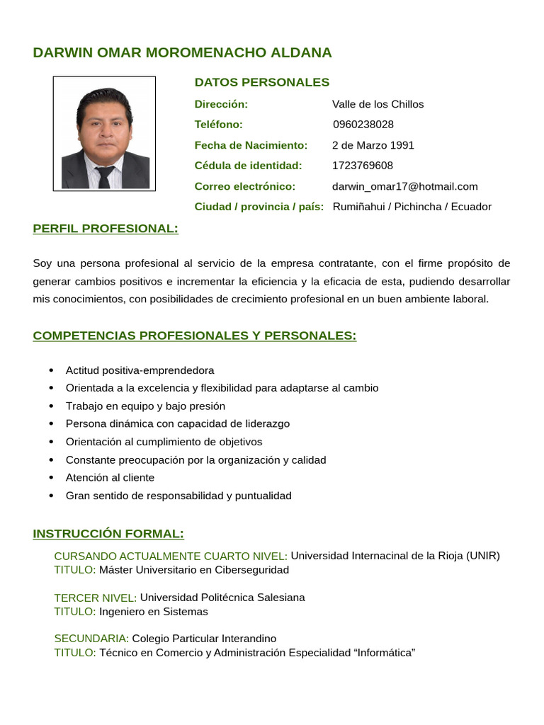 CV Darwin Moromenacho 1723769608 2 | PDF | Informática | Internet
