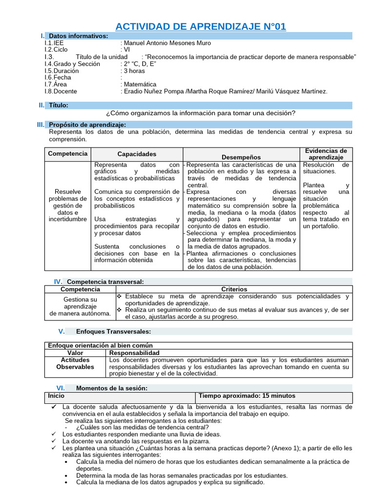 Actividad de Aprendizaje1-U7-2do Grado | PDF | Mediana | Modo (Estadísticas)