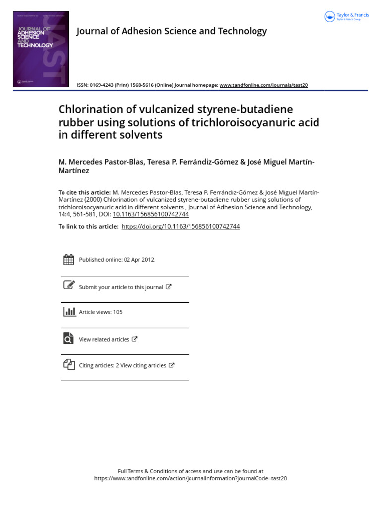 Chlorination of Vulcanized Styrene-Butadiene Rubber Using Solutions of ...
