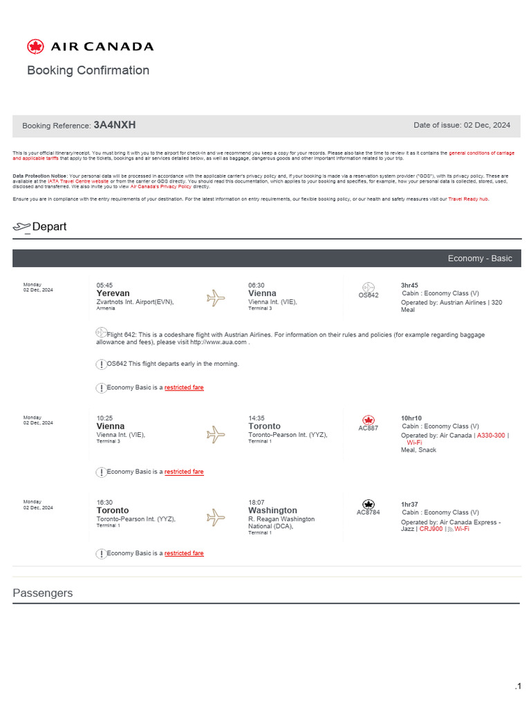 Air Canada Booking Confirmation 3A4NXH | PDF