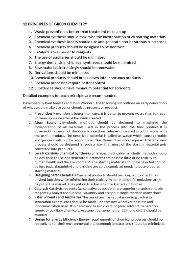 Principles of Green Chemistry | PDF | Green Chemistry | Chemistry