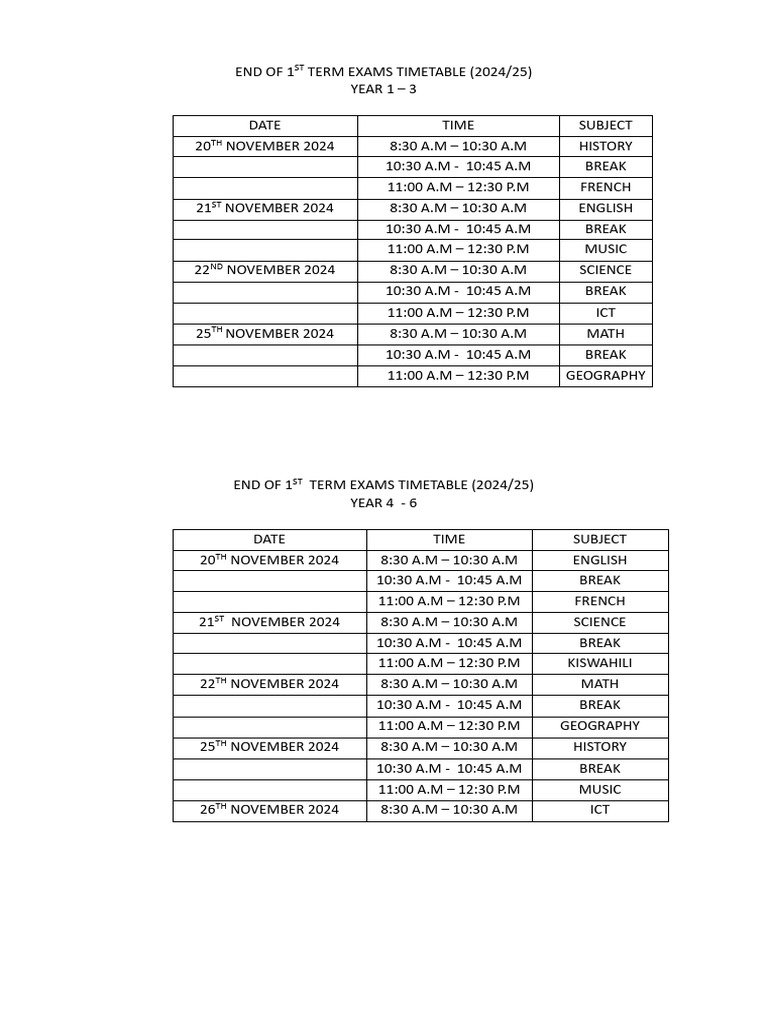 Exams Time Table 1ST Term 2425 | PDF | Science