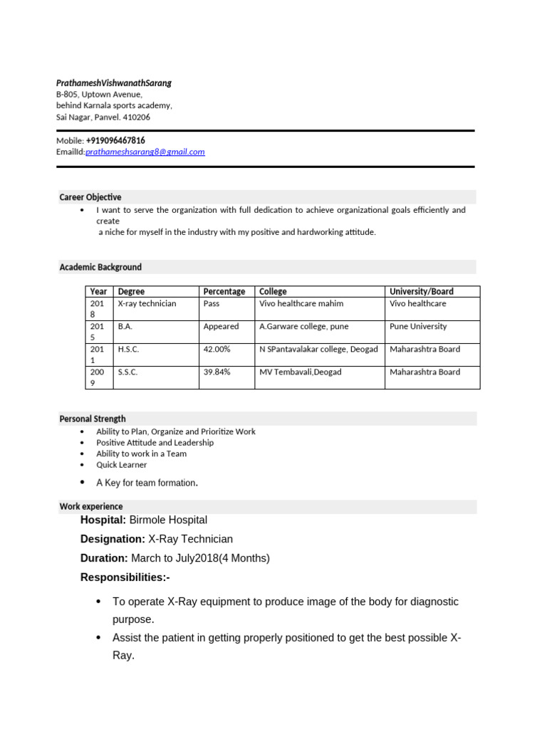 Prathamesh Sarang Resume | PDF | X Ray | Radiology
