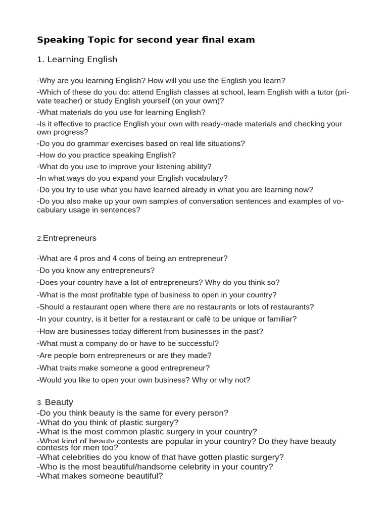 Speaking Topic For Exam | PDF | English Language | Learning
