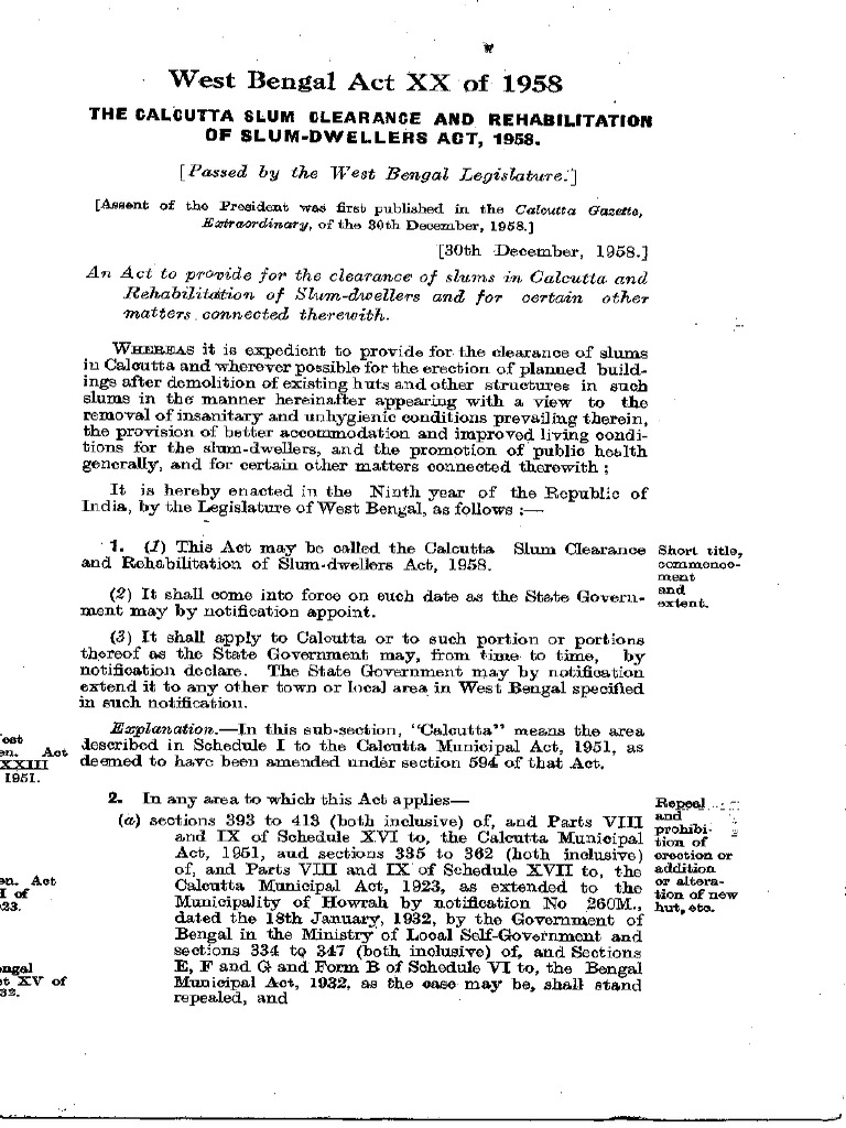 1958 Calcutta Slum Clearance and Rehabilitation Act | PDF | Appeal | Lease