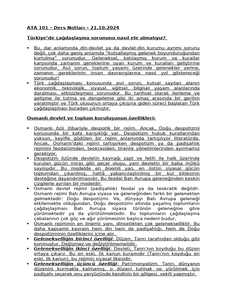 ATA 101 - Ders Notları - 21.10.2024 | PDF