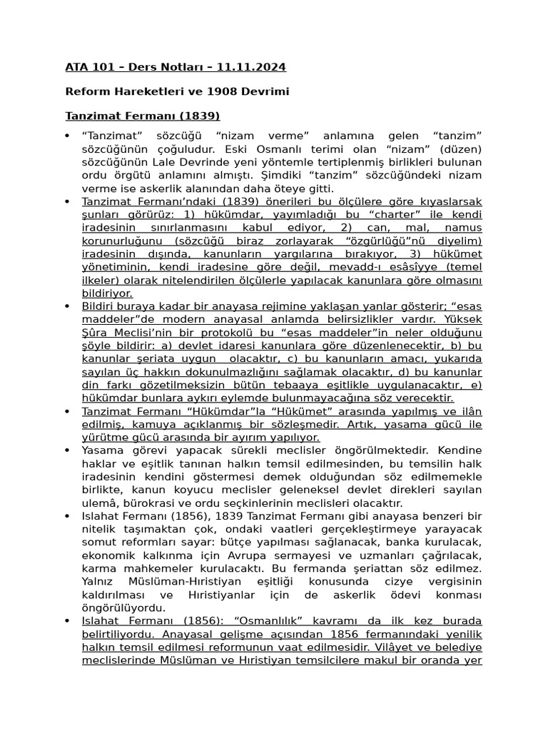 ATA 101 - Ders Notları - 11.11.2024 | PDF