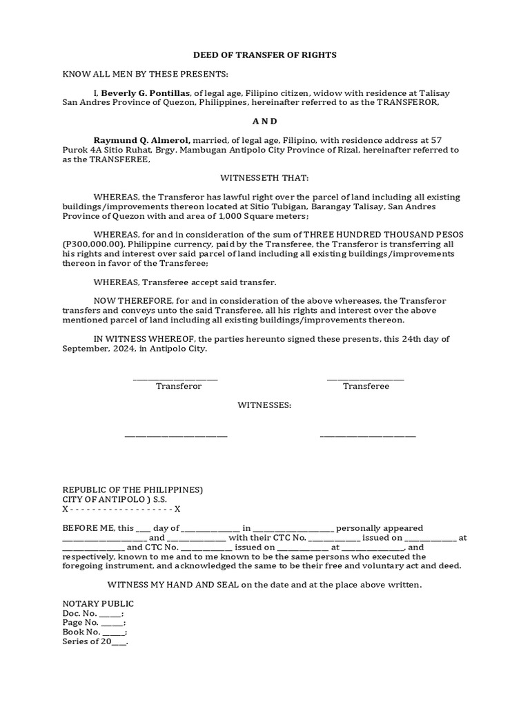 Deed of Land Transfer Agreement | PDF | Common Law | Legal Documents