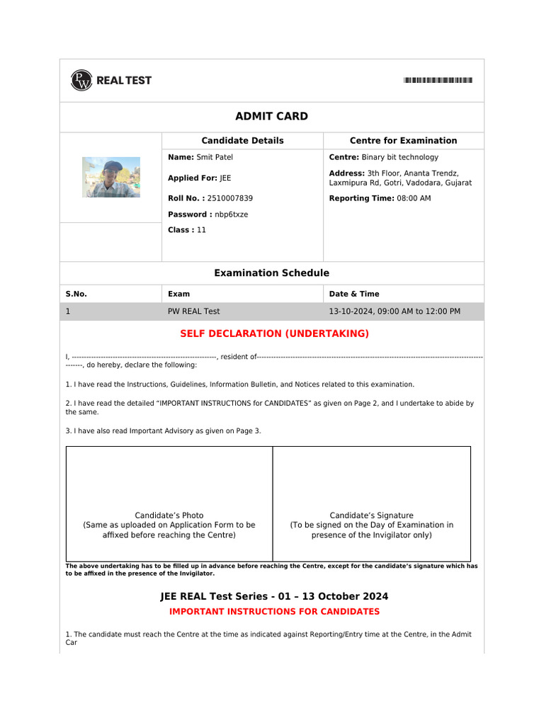 Admitcard 2510007839 6403200 | PDF | Identity Document