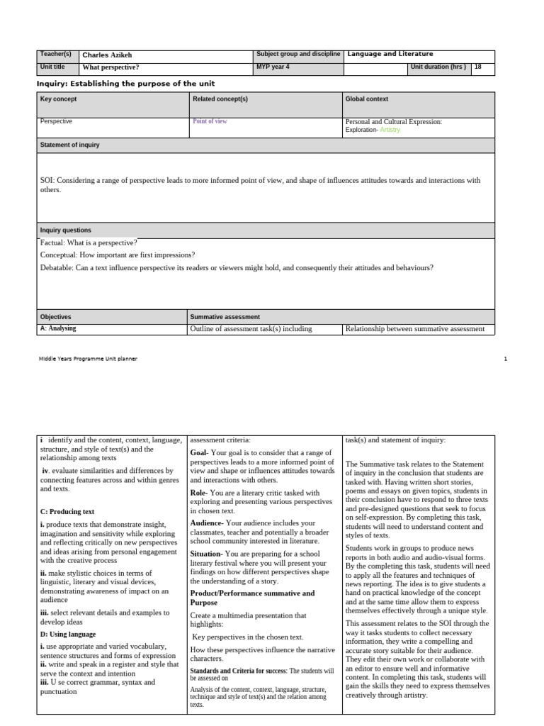 MYP 4 LANG&LIT UNIT PLAN (Iii) | PDF | Learning | Narrative