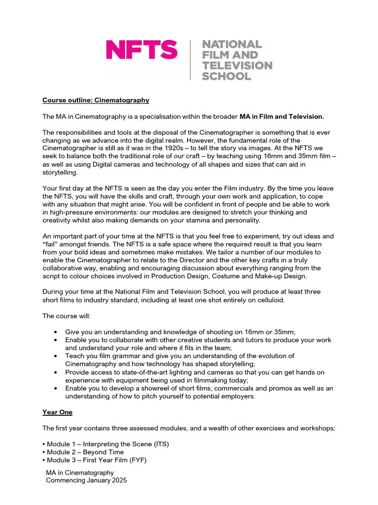 Cinematography Ma Course Outline 2025 | PDF | Cinematography | Filmmaking