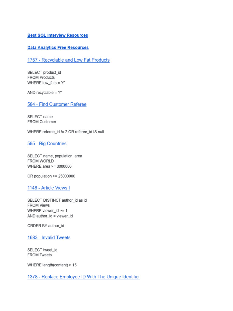 50 SQL Interview Questions with Answers | PDF | Computing | Data Management 50 SQL Interview Questions with Answers | PDF | Computing | Data Management