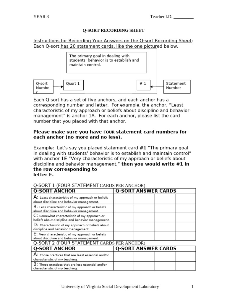 Year 3 Q-Sort Recording Sheet | PDF | Disciplines | Behaviorism