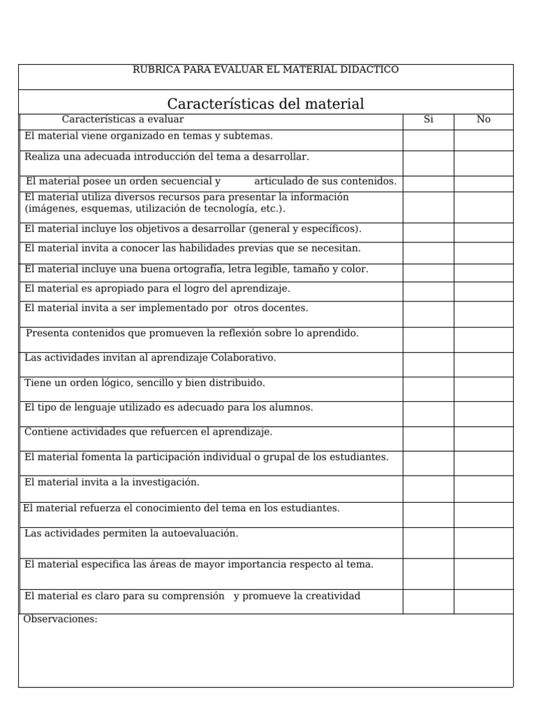 Rúbrica Para Evaluar Material Didáctico Pdf