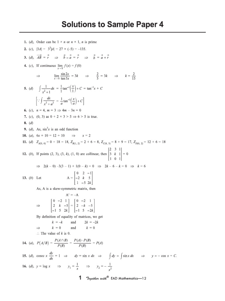 Cbse Cl12 Ead Mathematics Answers To Sample Paper 4 2025 | PDF
