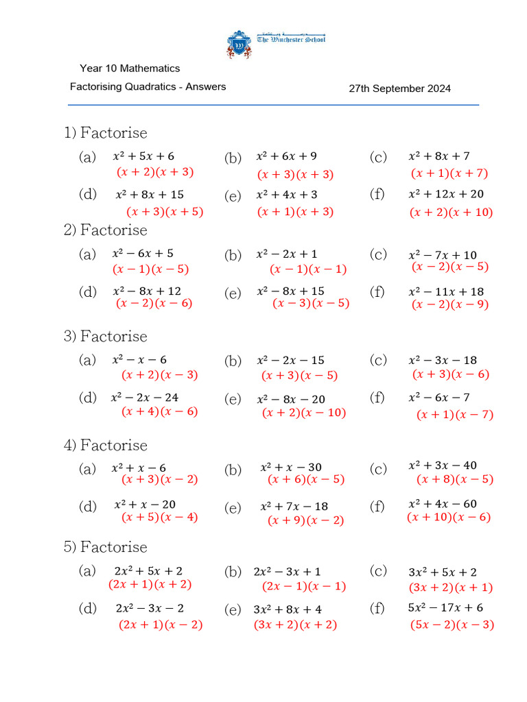 27th Sep-Yr 10 - Factorising-Quadratics-MS | PDF