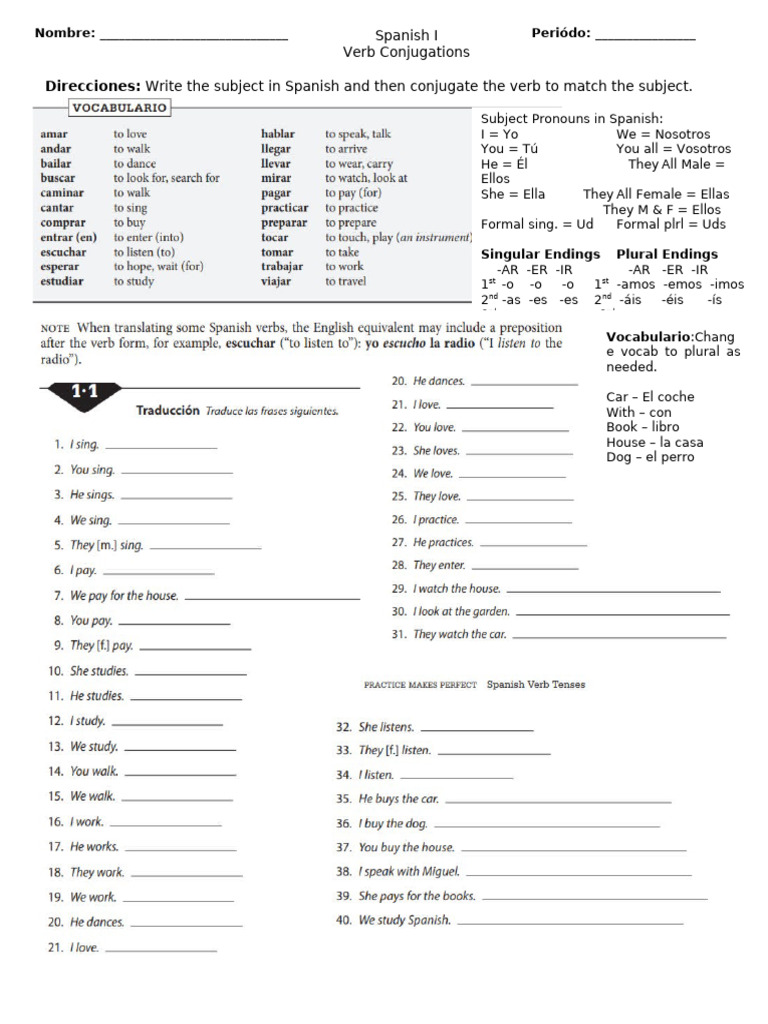 Spanish I Verb Conjugation Guide | PDF | Syntax | Semantic Units
