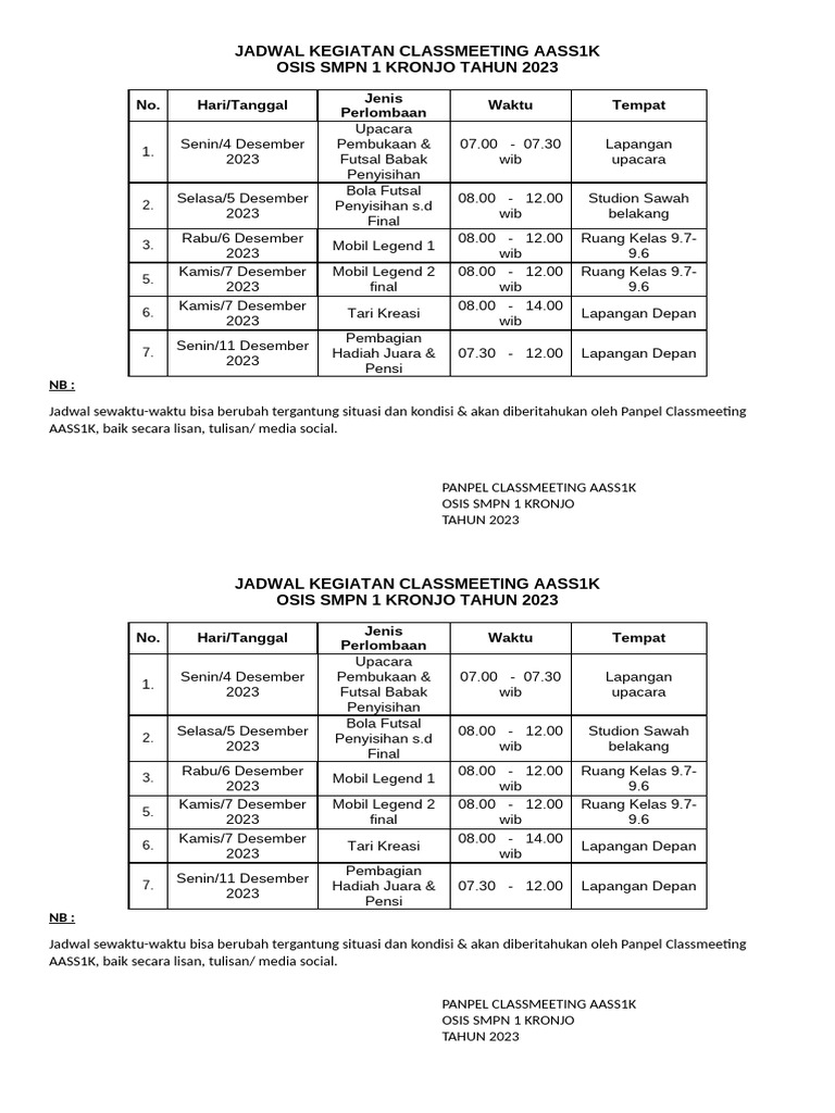 Jadwal Kegiatan Classmeet 2023 | PDF
