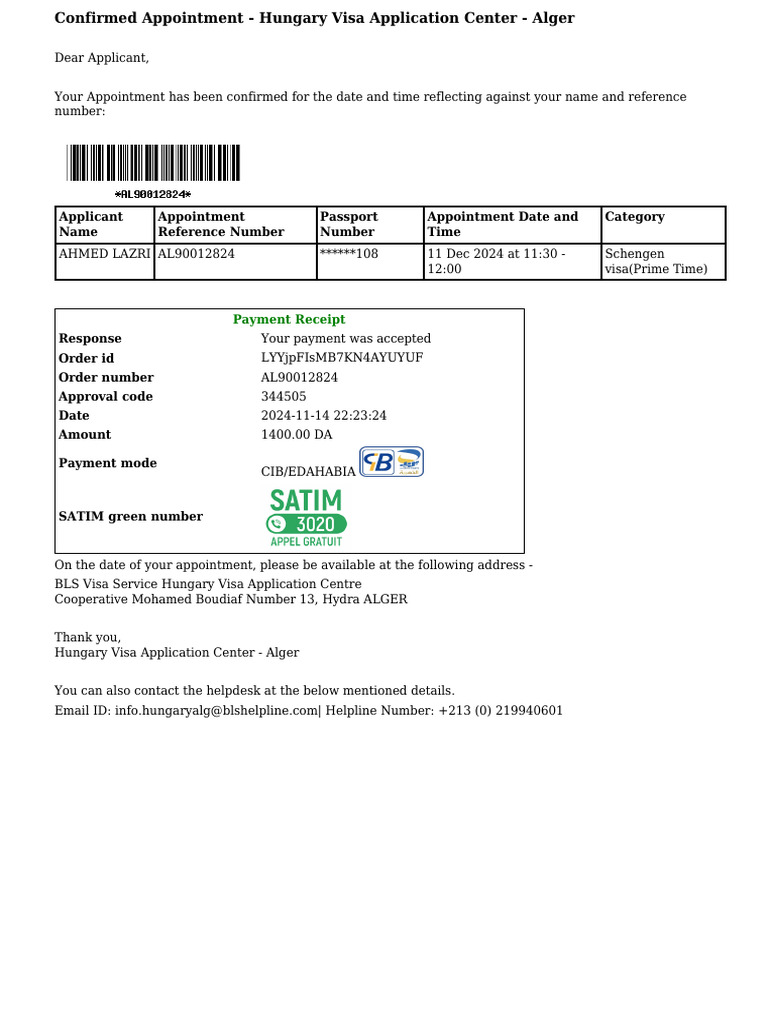 Applicant Name Appointment Reference Number Passport Number Appointment ...