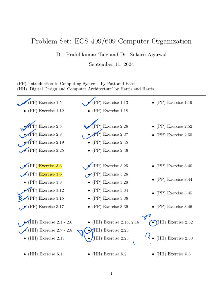 ECS 409/609 Computer Organization Exercises | PDF