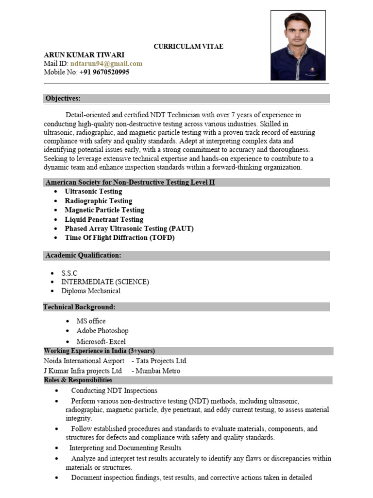 NDT Arun Resume1 | PDF | Nondestructive Testing | Safety