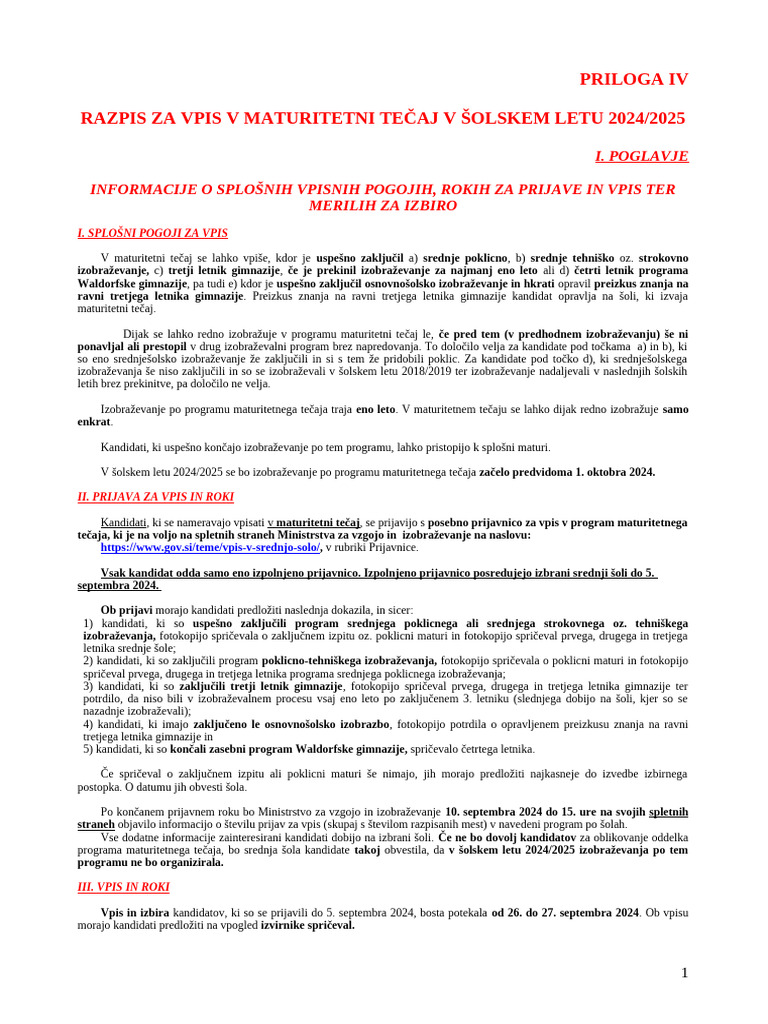 Priloga IV Razpis Za Vpis V Maturitetni Tecaj | PDF