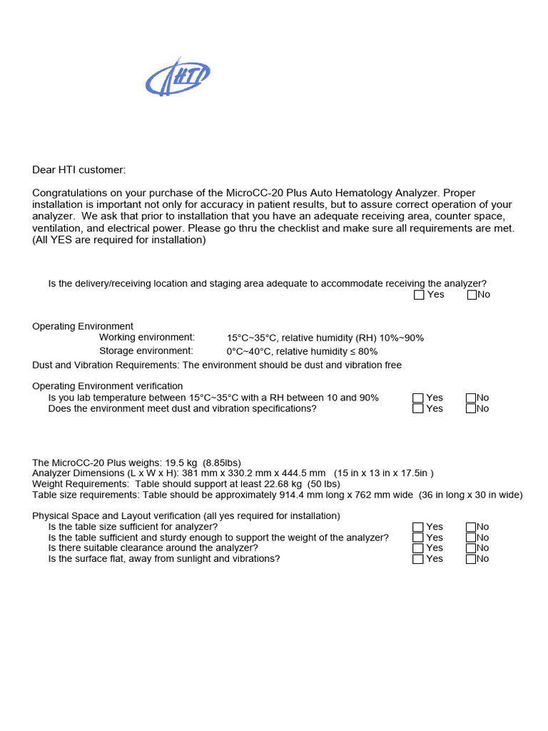 MicroCC-20Plus Analyzer Preinstallation Check List | PDF