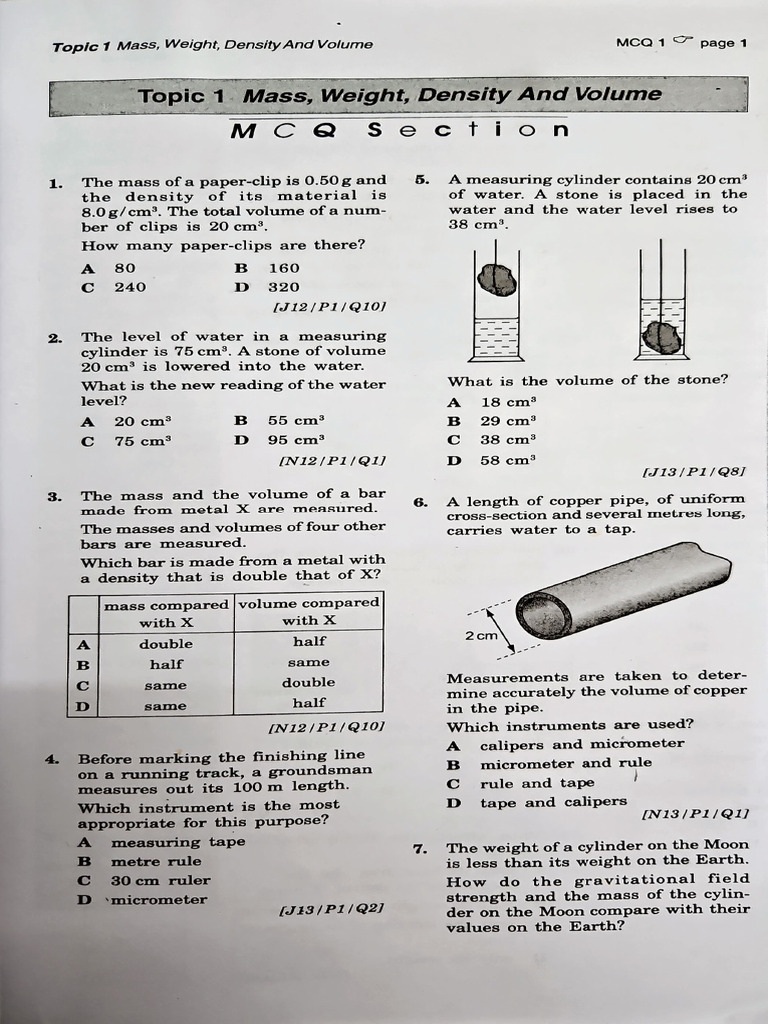 Mass, Weight, Density, and Volume Section A | PDF | Weight | Mass