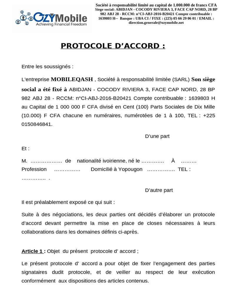 Modèle de protocole d'accord entre parties | PDF
