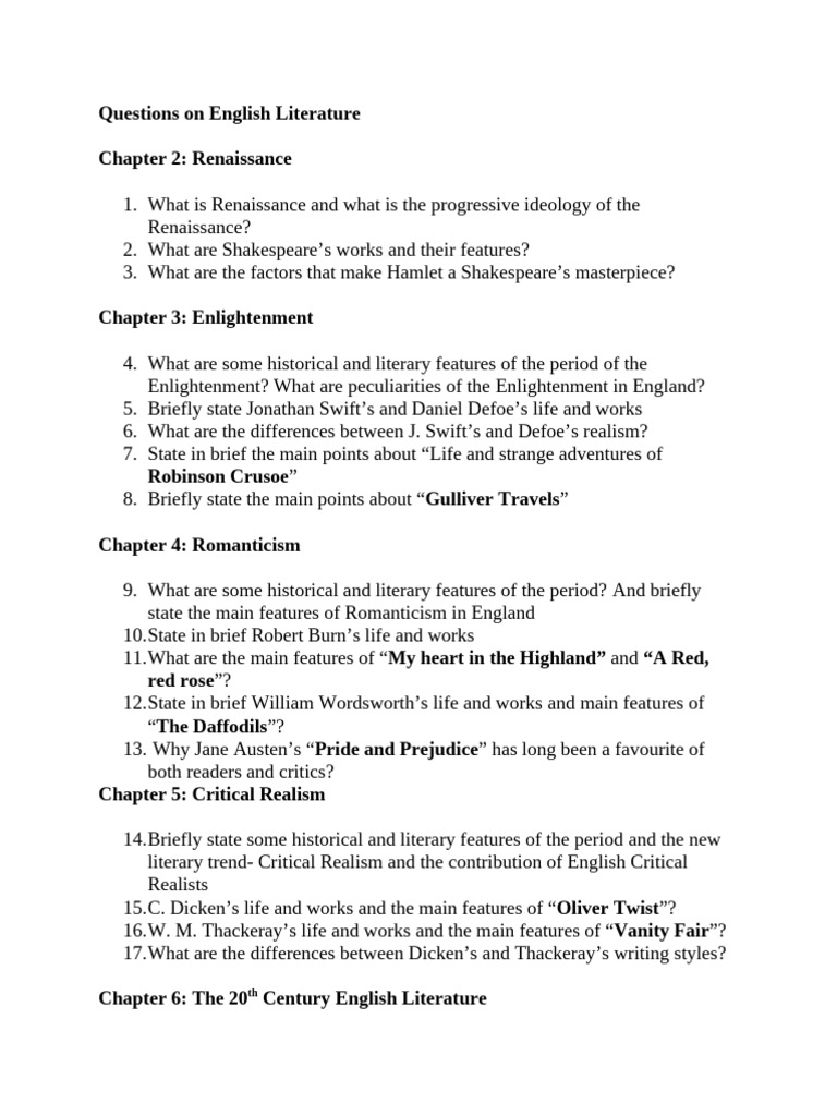 Key Questions on English Literature | PDF