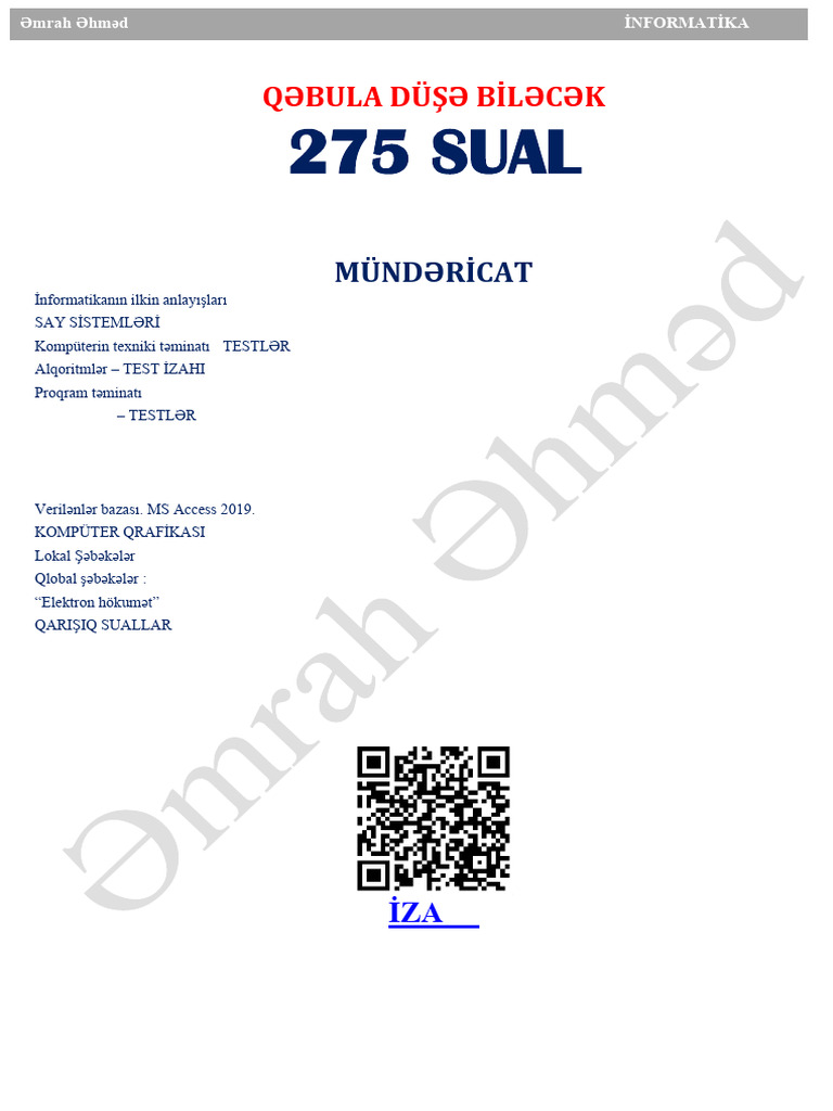 (Əmrah ƏHMƏD) 275 Sual - İNFORMATİKA | PDF