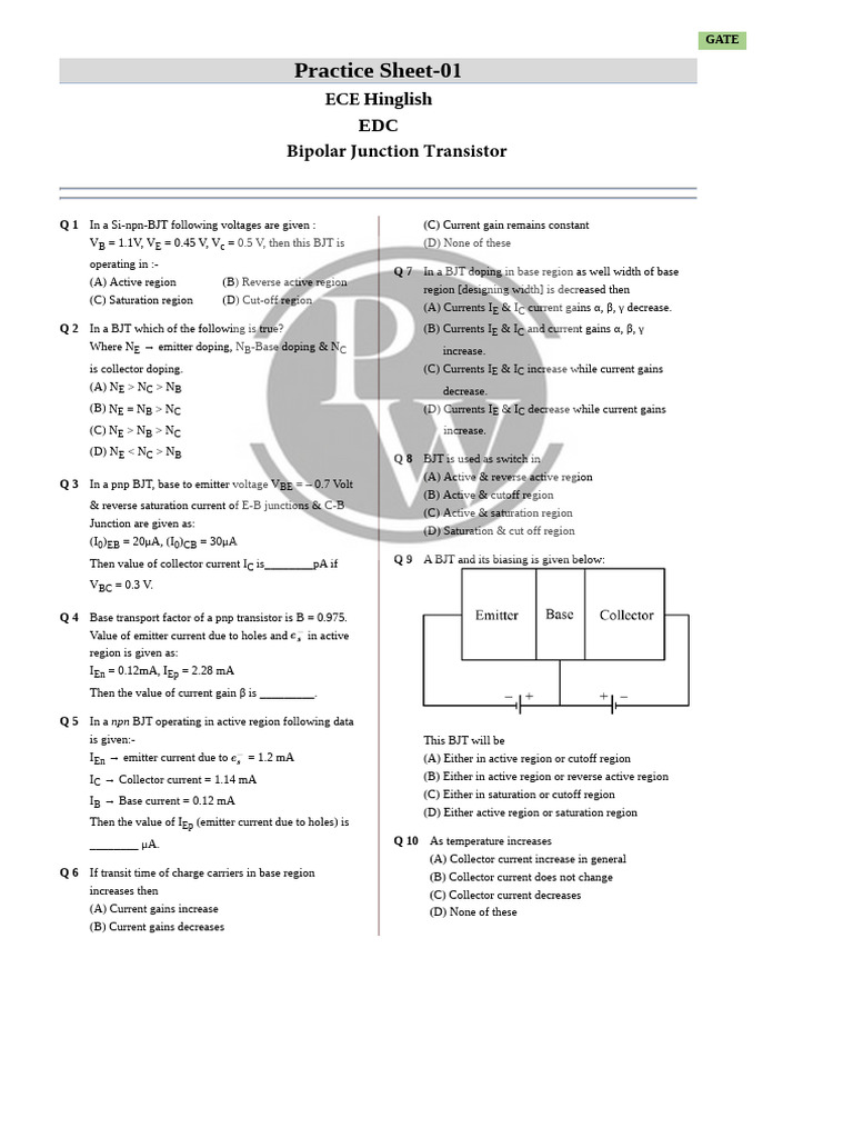 Bipolar Junction Transistor Practice Sheet 01by Chandan Gupta Sir | PDF | Bipolar Junction ...