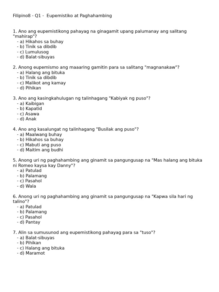 Filipino8 - Q1 - Eupemistiko at Paghahambing | PDF