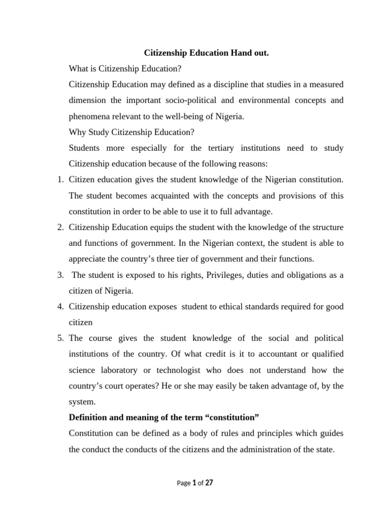 Citizenship Education Hand Out | PDF | Constitution | Citizenship