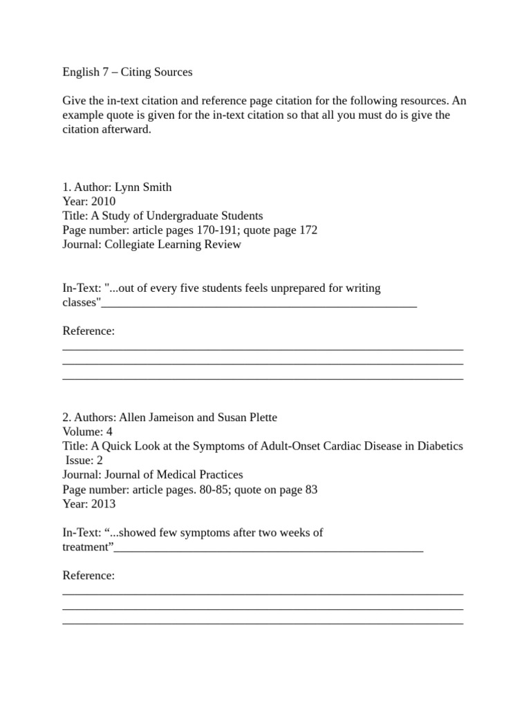 English 7 - Citing Sources Worksheet | PDF | Career & Growth | Sports ...