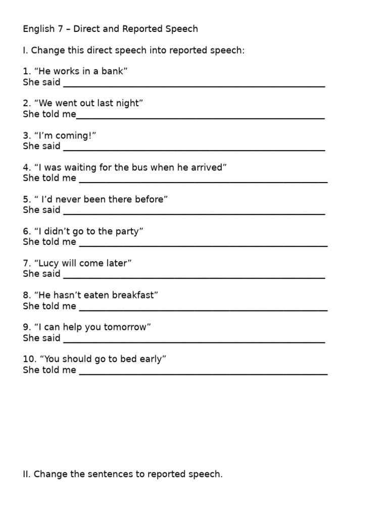 English 7 - Direct and Reported Speech Worksheet 1 | PDF | Language Arts & Discipline