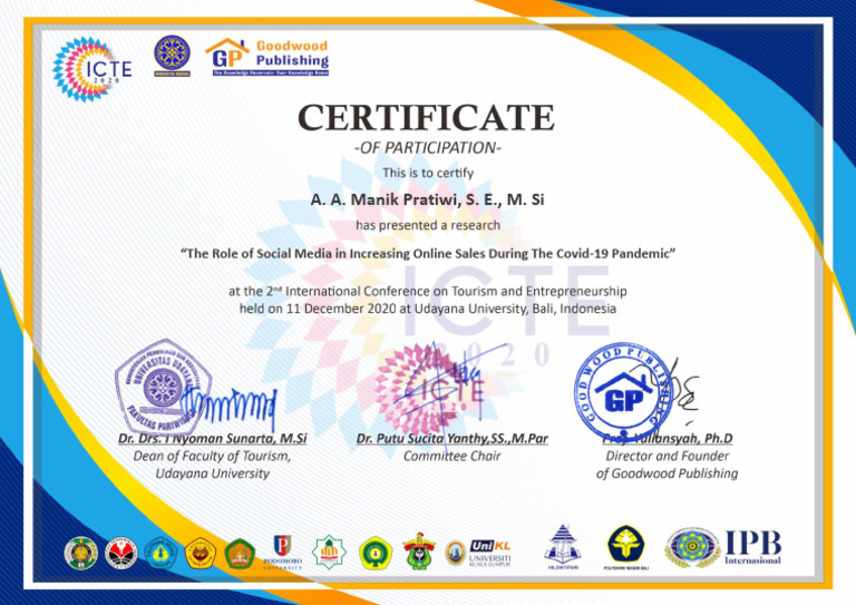 A. A. Manik Pratiwi, S. E., M. Si - Certificate For Presenter ICTE 2 | PDF