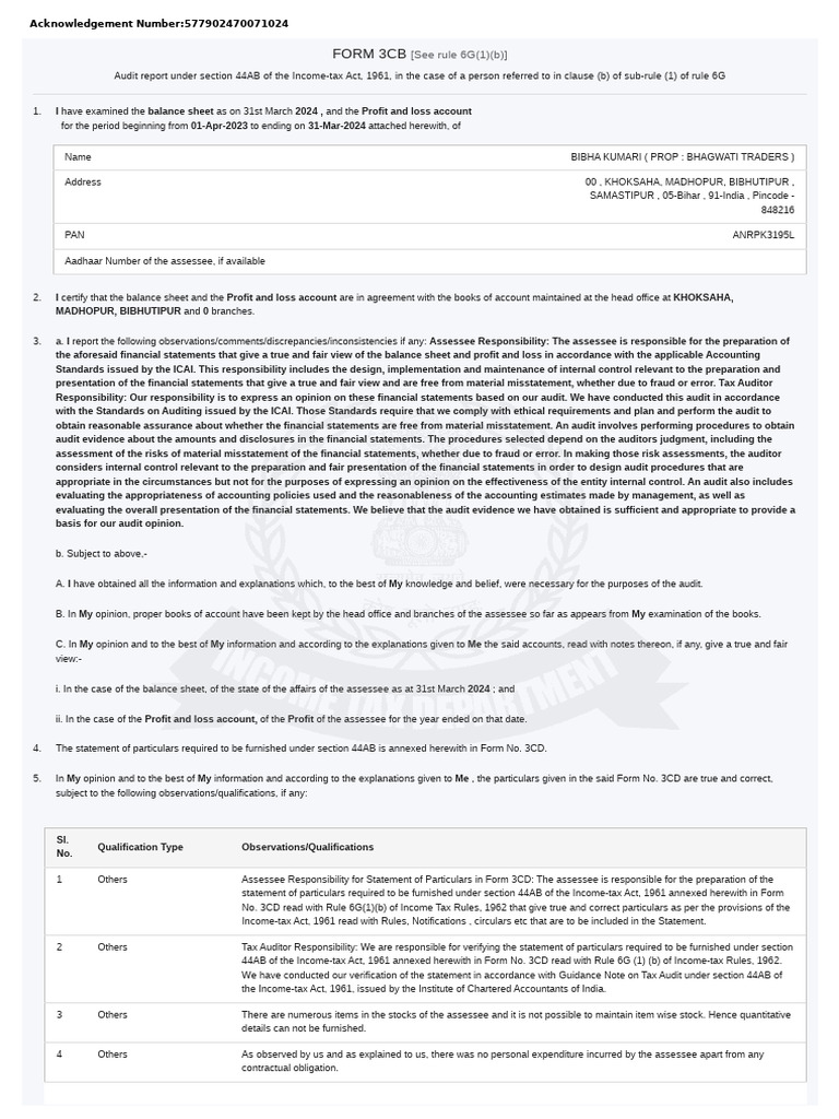 Form 3CB FY 2023-24 | PDF | Audit | Payments