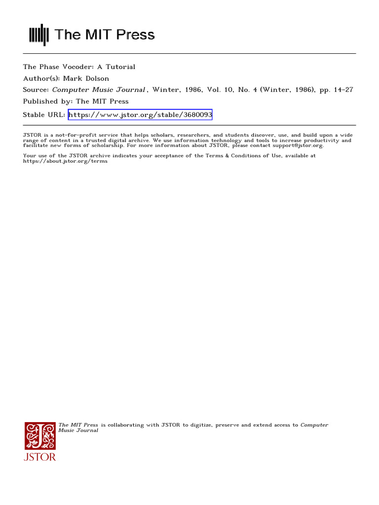 Mark Dolson - The Phase Vocoder A Tutorial (Computer Music Journal ...
