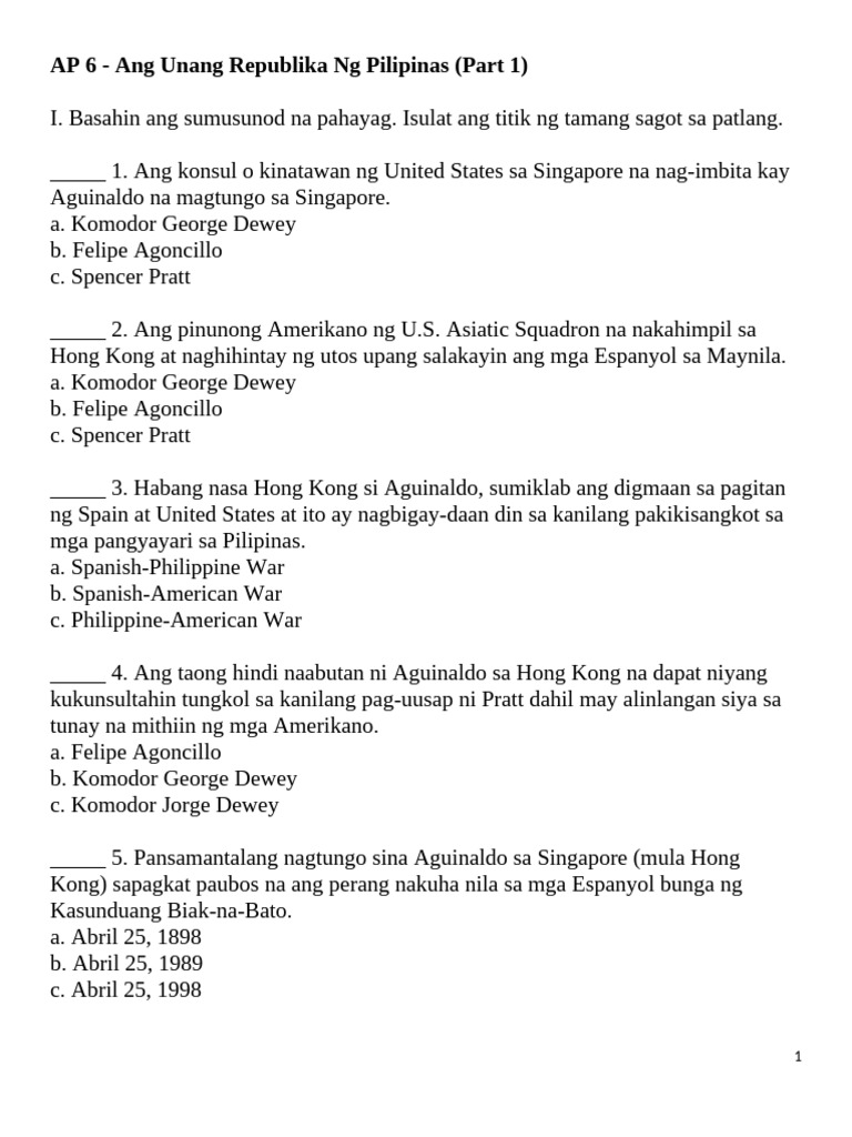 AP 6 - Ang Unang Republika NG Pilipinas (Part 1) | PDF