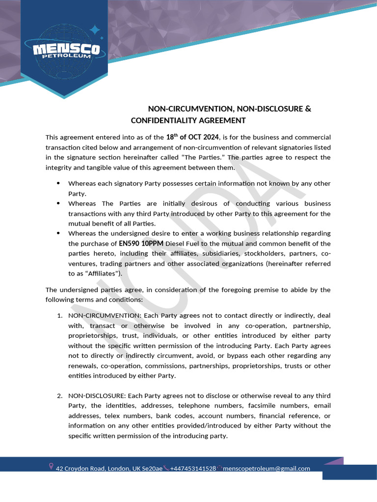 EN590 Diesel Fuel NCNDA Agreement | PDF | Legal Liability | Payments