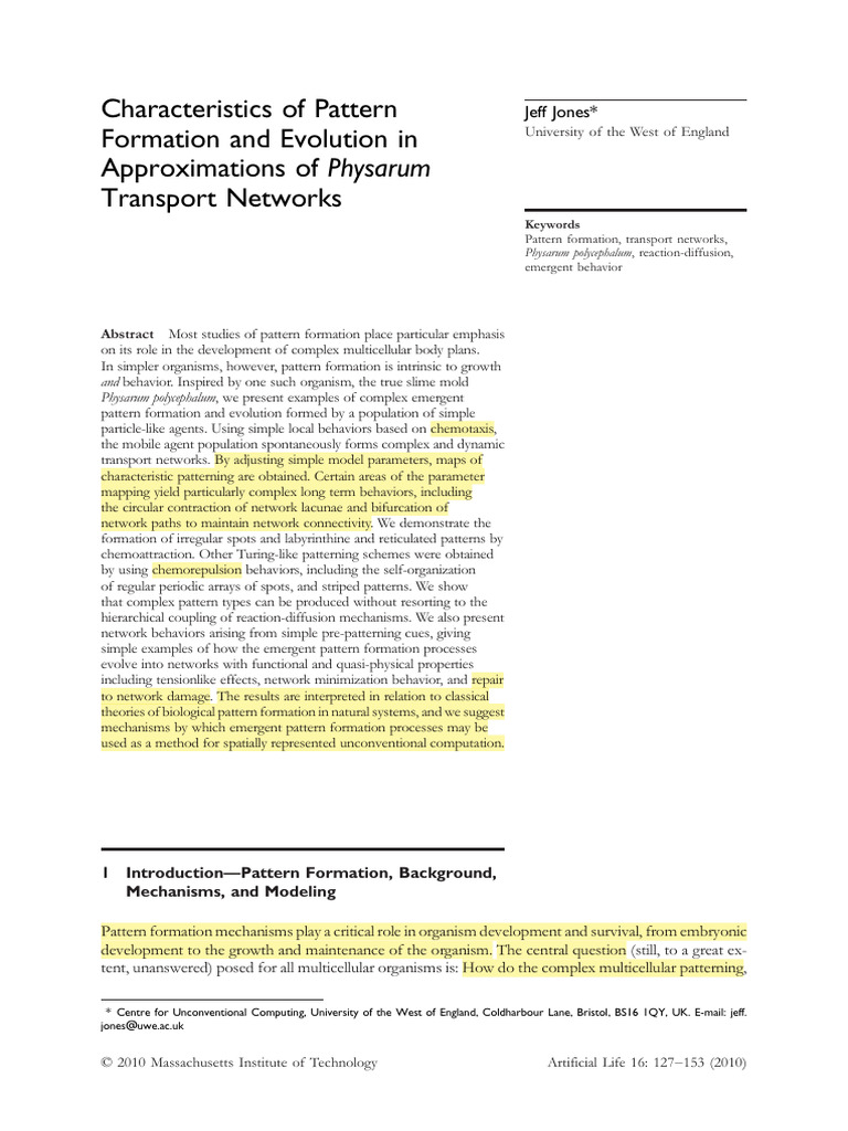 Pattern Formation in Physarum Networks | PDF | Chemotaxis