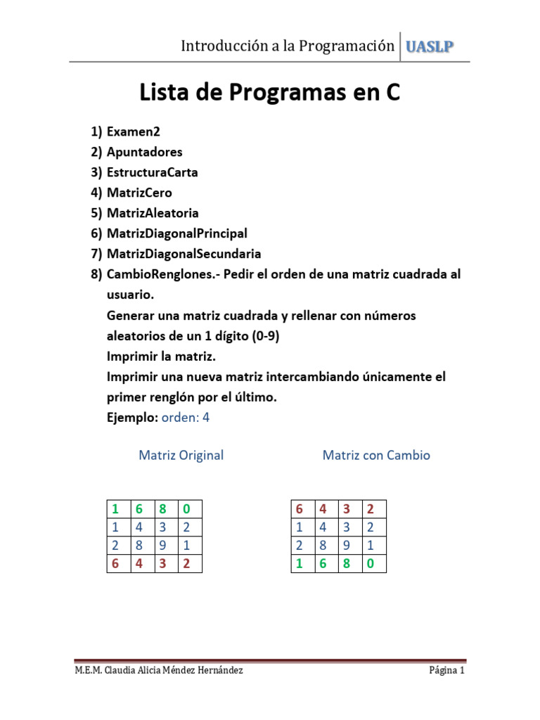 Lista Programas en C | PDF | Matriz (Matemáticas) | Informática