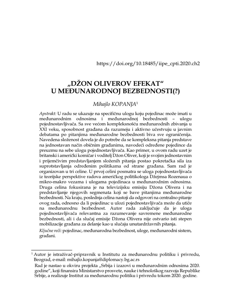 Dzon Oliverov Efekat U Medunarodnoj Bezbednosti | PDF